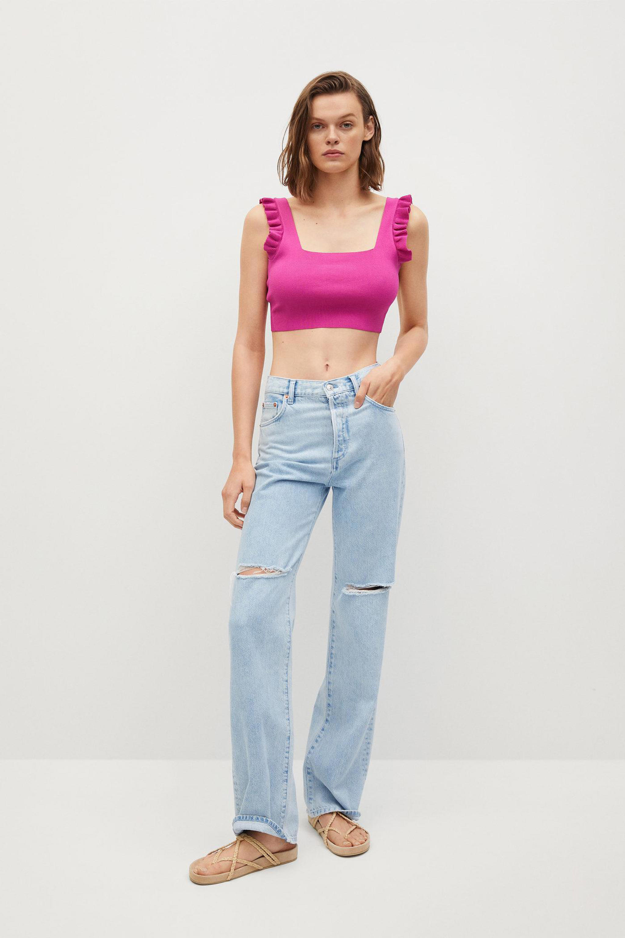 Mango fijngebreide crop top met volant fuchsia | wehkamp