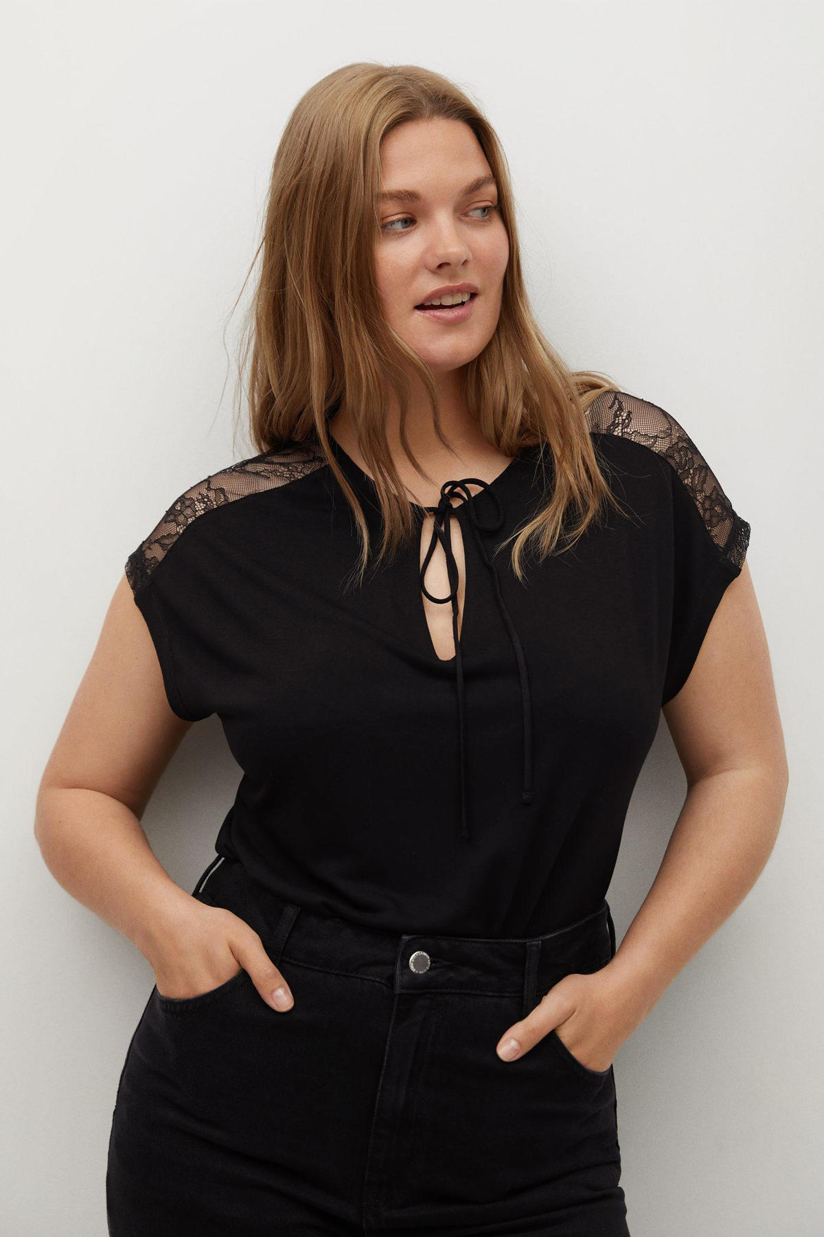 Mango Plus Size top met kant zwart | wehkamp