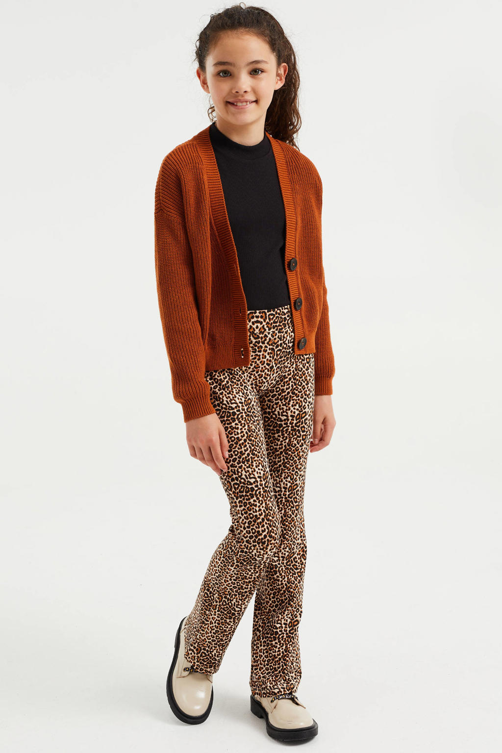 WE Fashion flared broek met dierenprint bruin/zwart/beige | wehkamp