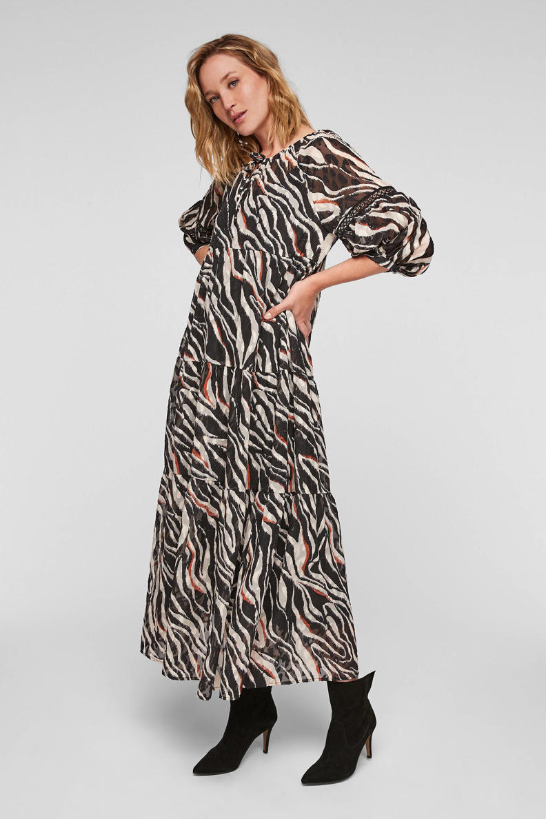 s.Oliver maxi jurk met zebraprint en volant zwart/ecru | wehkamp