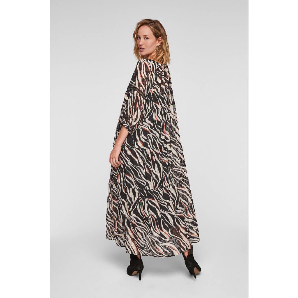 s.Oliver maxi jurk met zebraprint en volant zwart/ecru | wehkamp