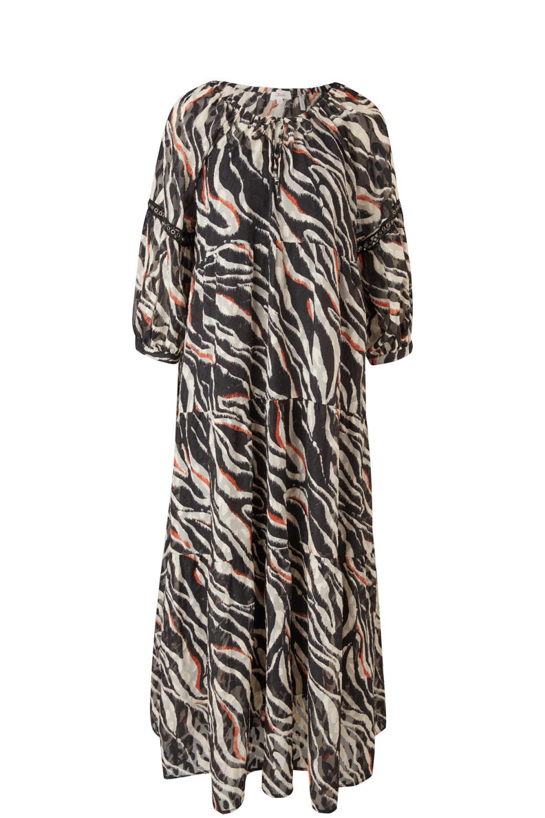 s.Oliver maxi jurk met zebraprint en volant zwart/ecru | wehkamp