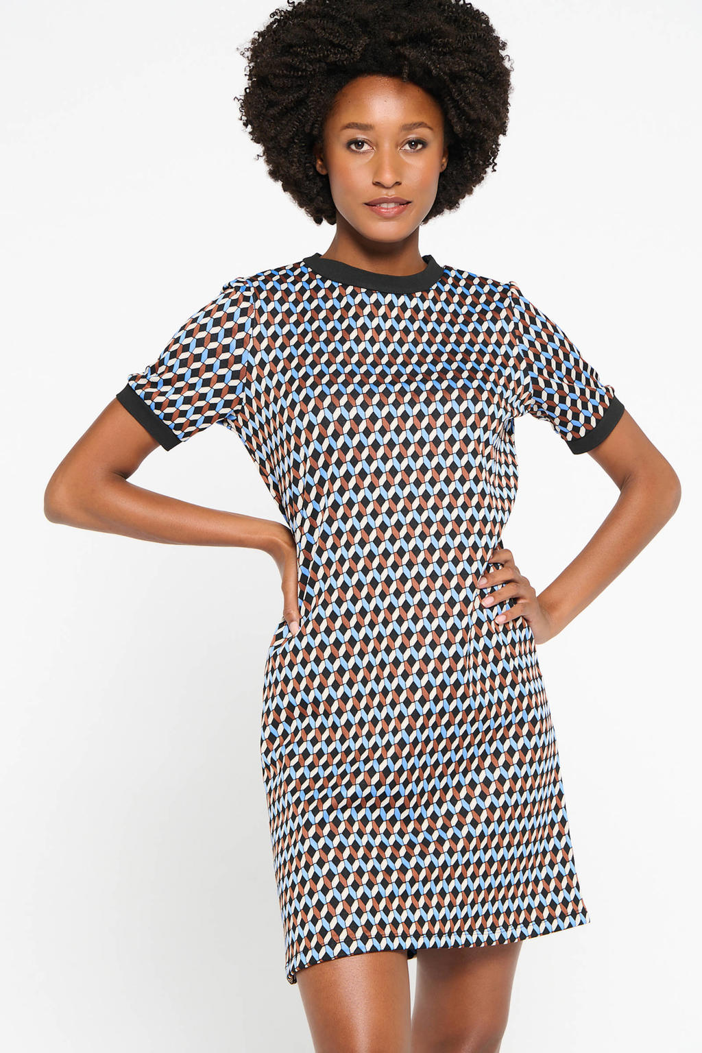 LOLALIZA jurk met all over print zwart/lichtblauw/bruin | wehkamp