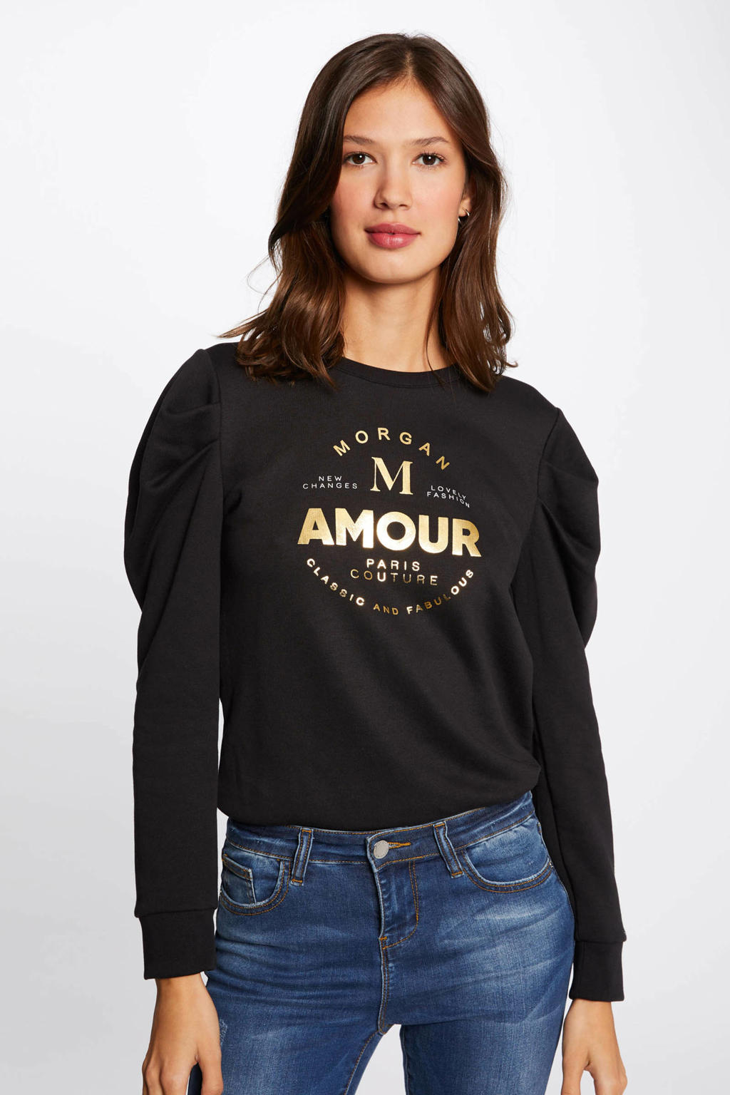 Morgan sweater met tekst en plooien zwart | wehkamp