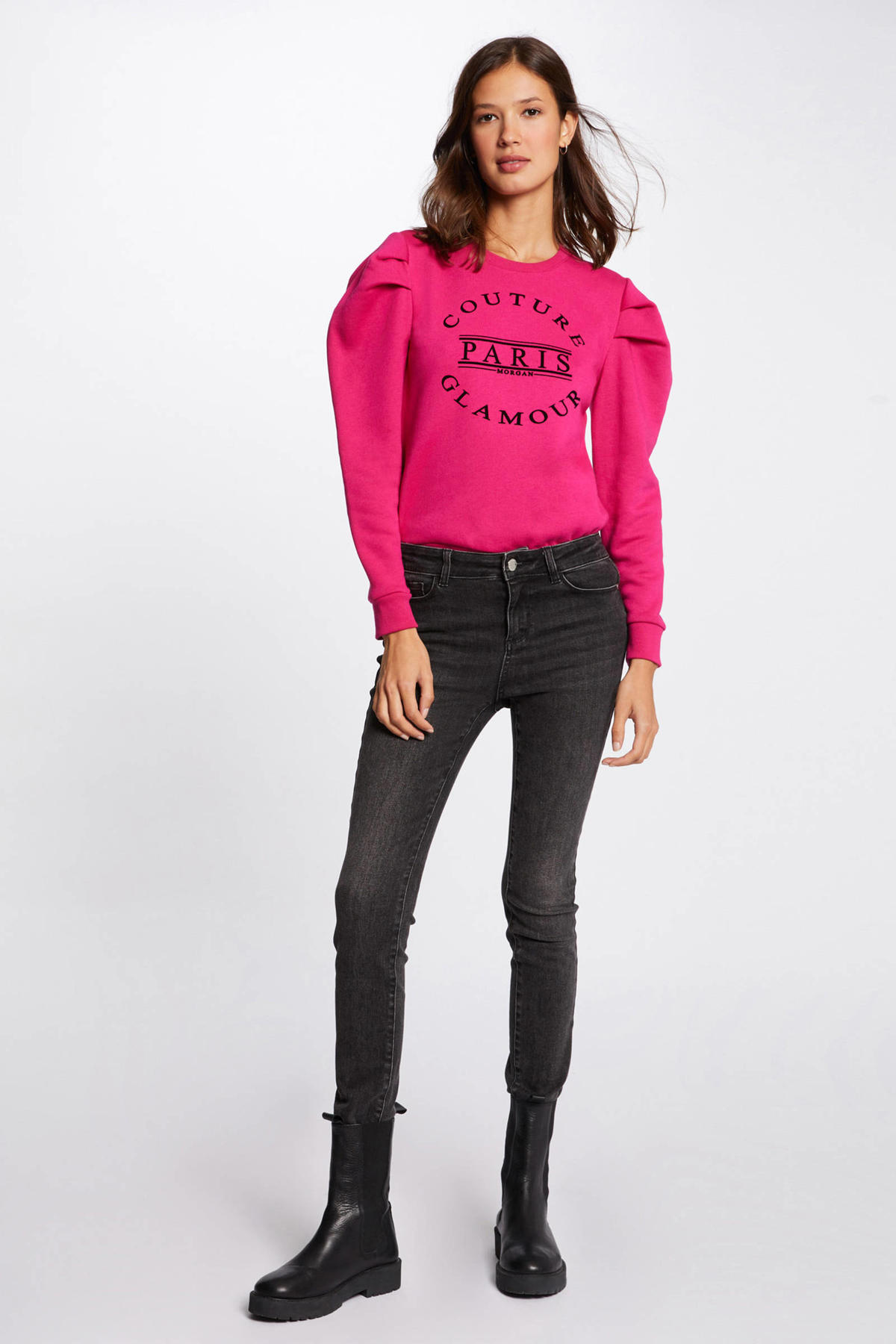 Morgan sweater met tekst en plooien fuchsia | wehkamp