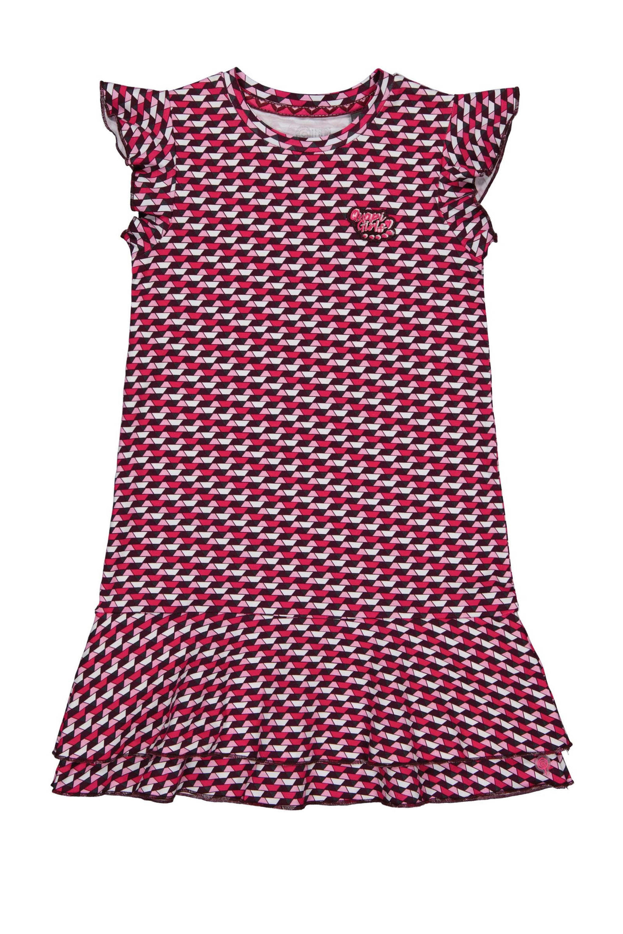 Quapi Girls jurk Mac met all over print en volant donkerroze/lila | wehkamp