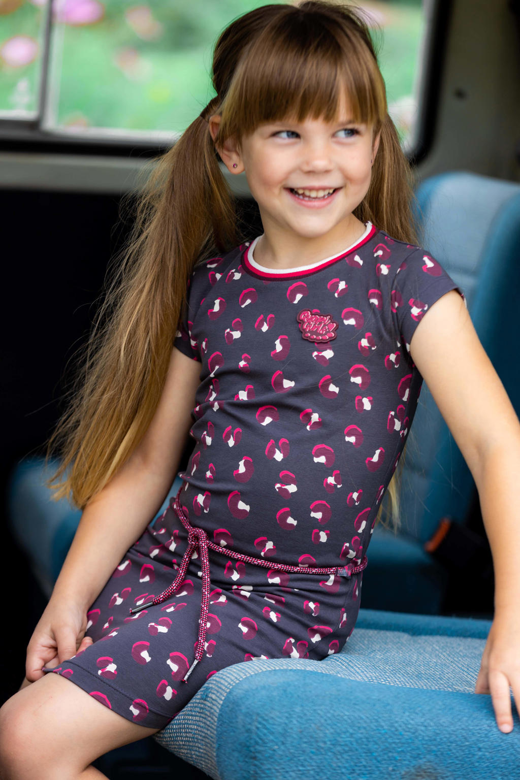 Quapi Girls jurk Maaike met panterprint donkergrijs/donkerroze | wehkamp