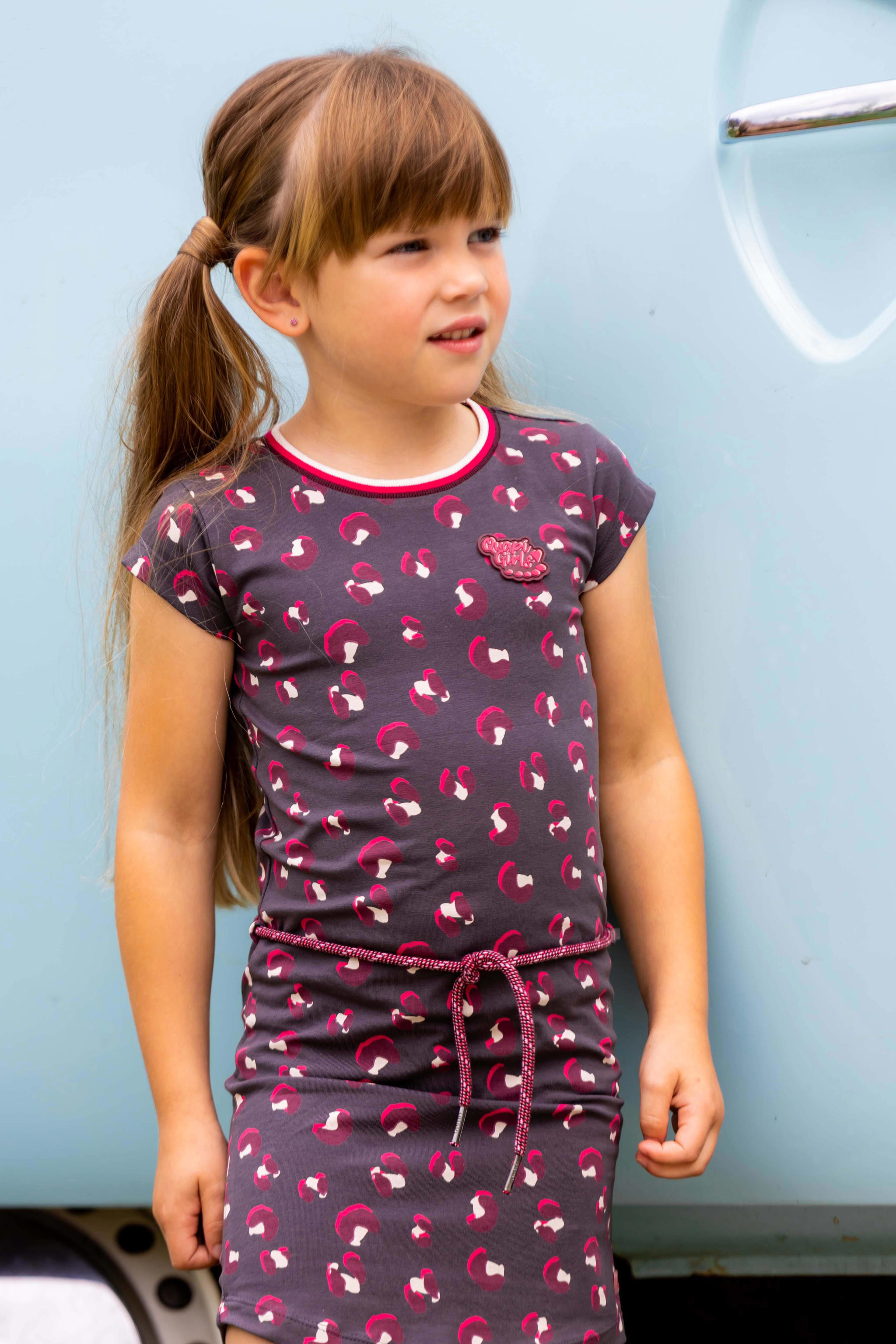 Quapi Girls jurk Maaike met panterprint donkergrijs/donkerroze | wehkamp