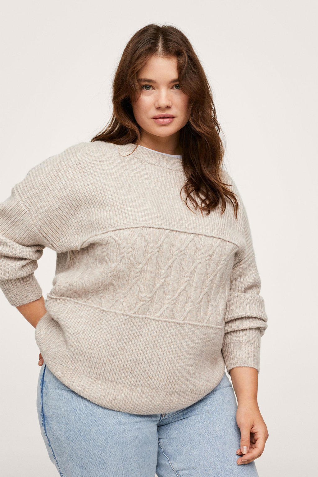 Mango Plus Size ribgebreide kabeltrui beige | wehkamp