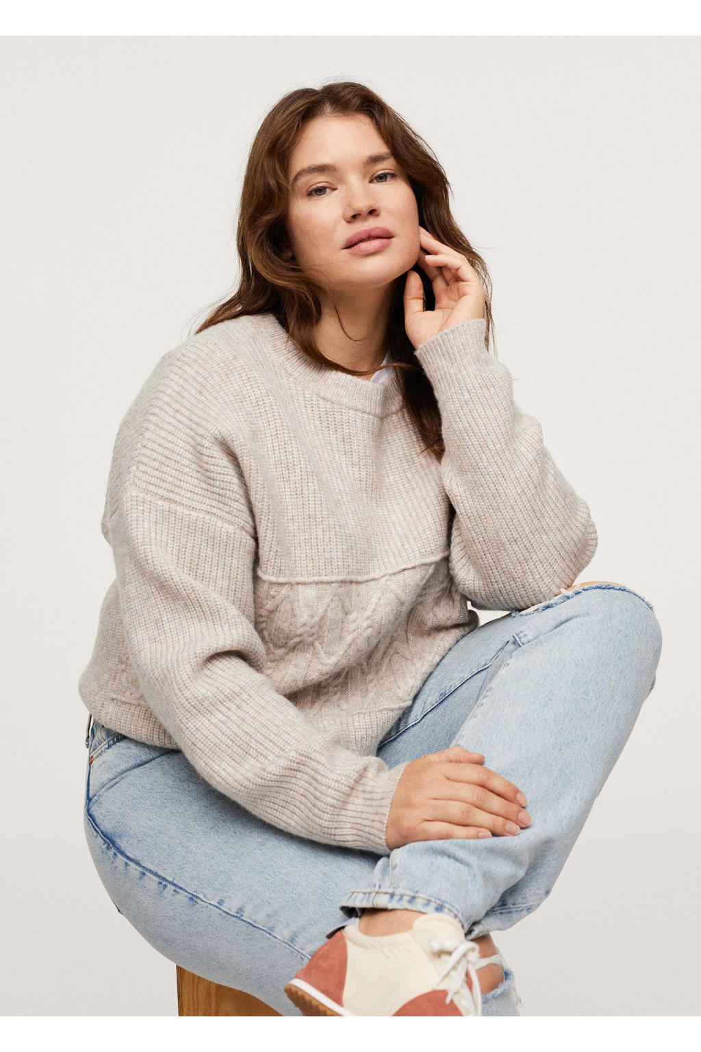Mango Plus Size ribgebreide kabeltrui beige | wehkamp
