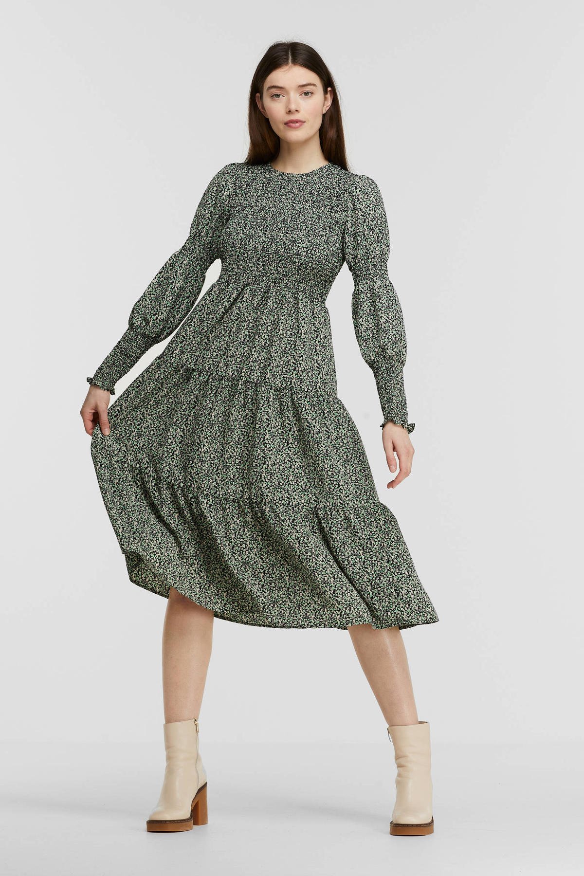 ONLY trapeze jurk ONLEVERLY met all over print en volant groen/zwart ...