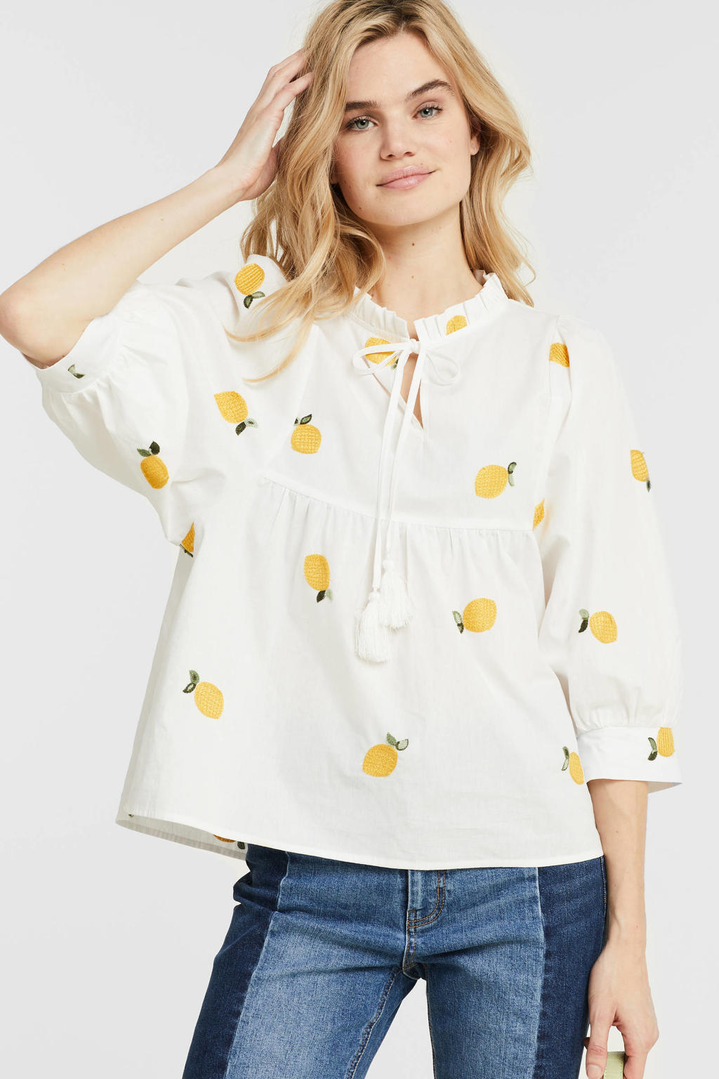 Smashed Lemon top Ashley met fruitprint en ruches wit/geel | wehkamp