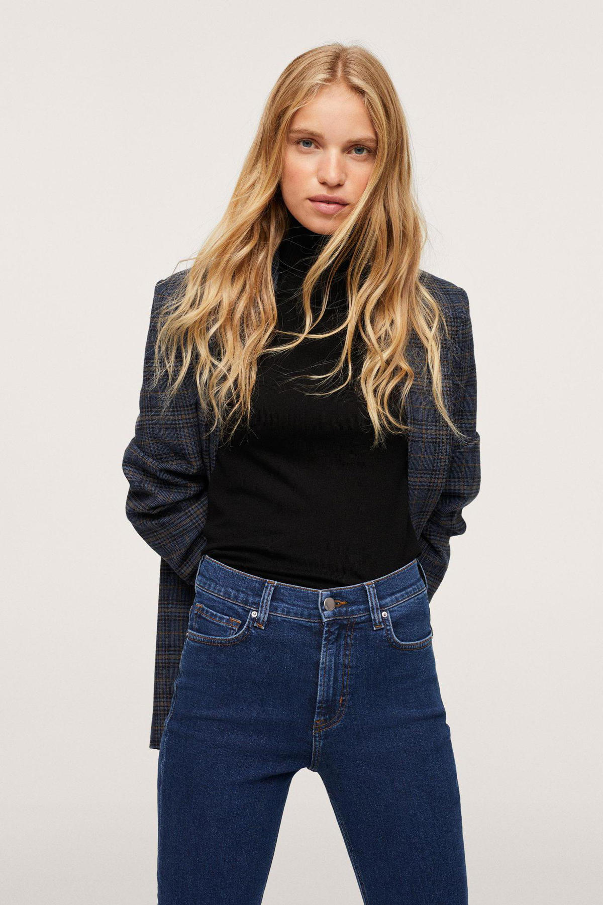 Mango cropped high waist bootcut jeans donkerblauw | wehkamp