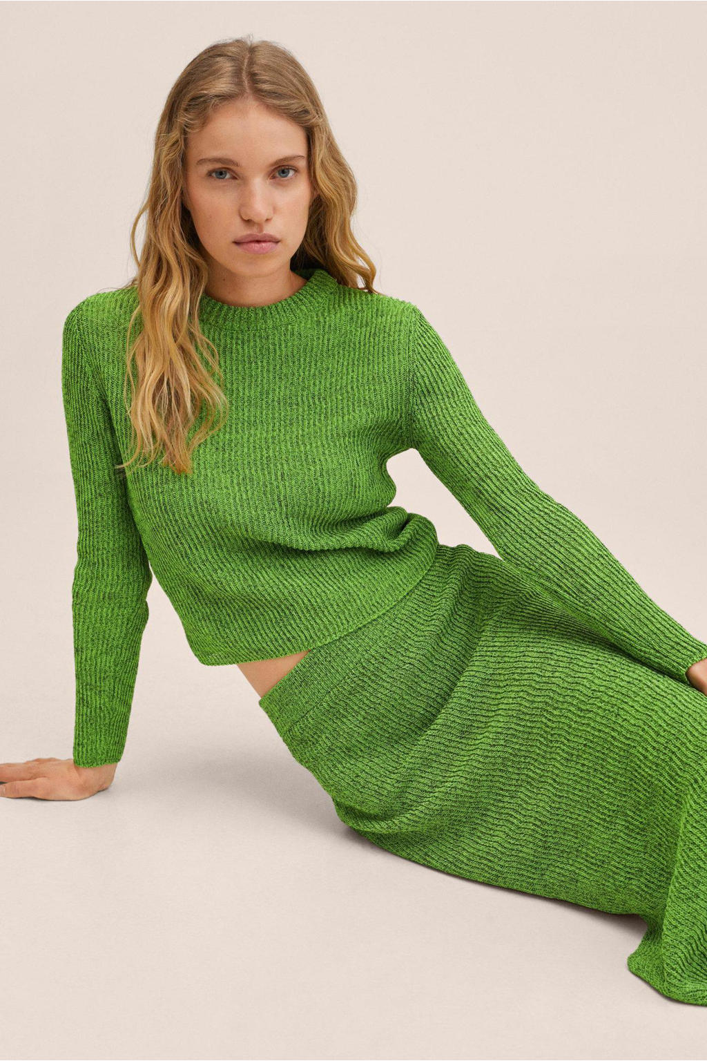 Mango ribgebreide rok groen | wehkamp