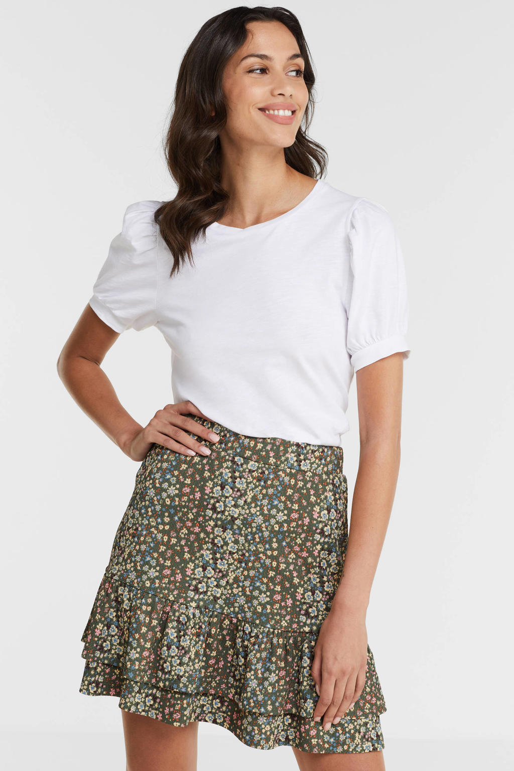 anytime mini rok met bloemenprint khaki | wehkamp