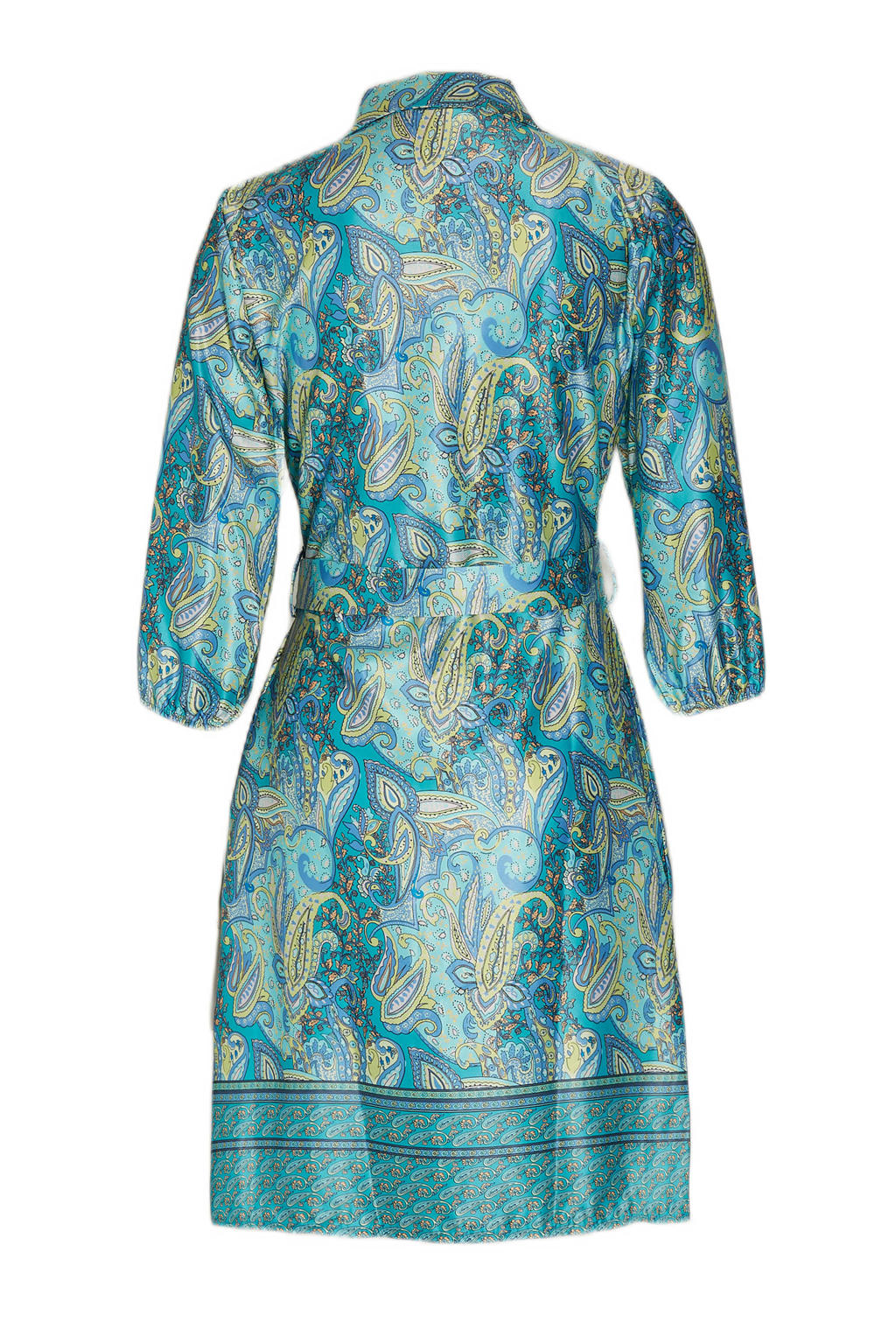 LOLALIZA satijnen blousejurk met paisleyprint en ceintuur blauw/lichtgroen/donkerblauw | wehkamp