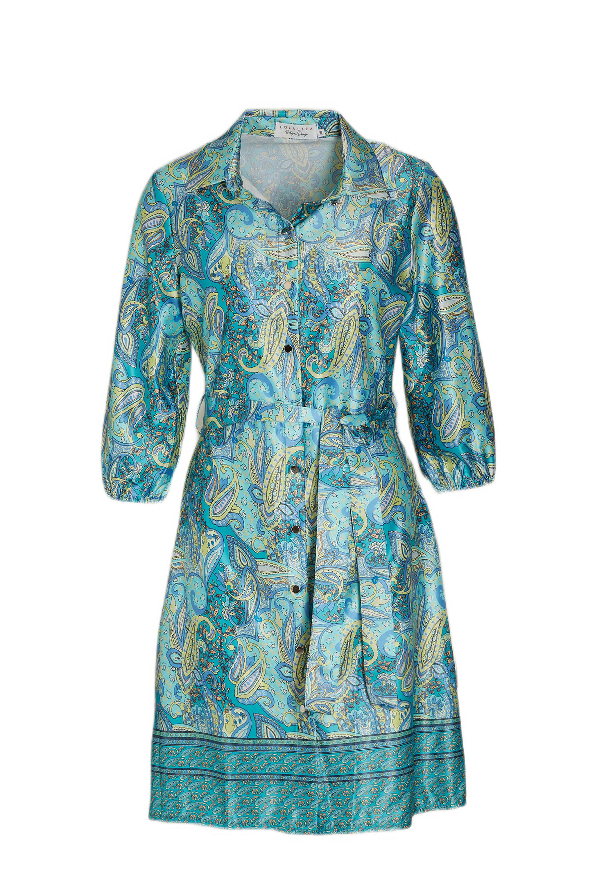 LOLALIZA satijnen blousejurk met paisleyprint en ceintuur blauw/lichtgroen/donkerblauw | wehkamp