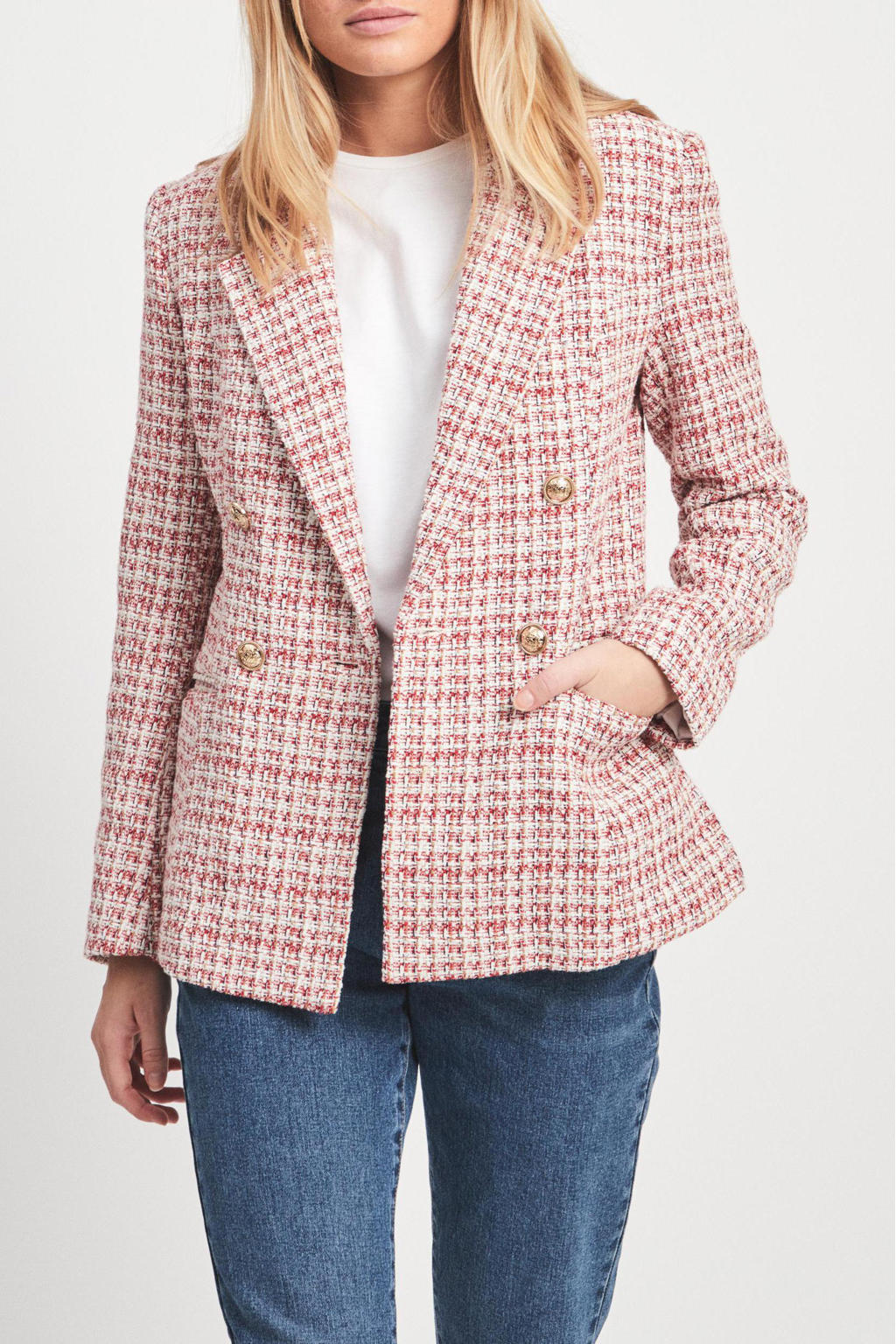 VILA geruite tweed blazer VIMANE rood/gebroken wit/bruin/zwart | wehkamp