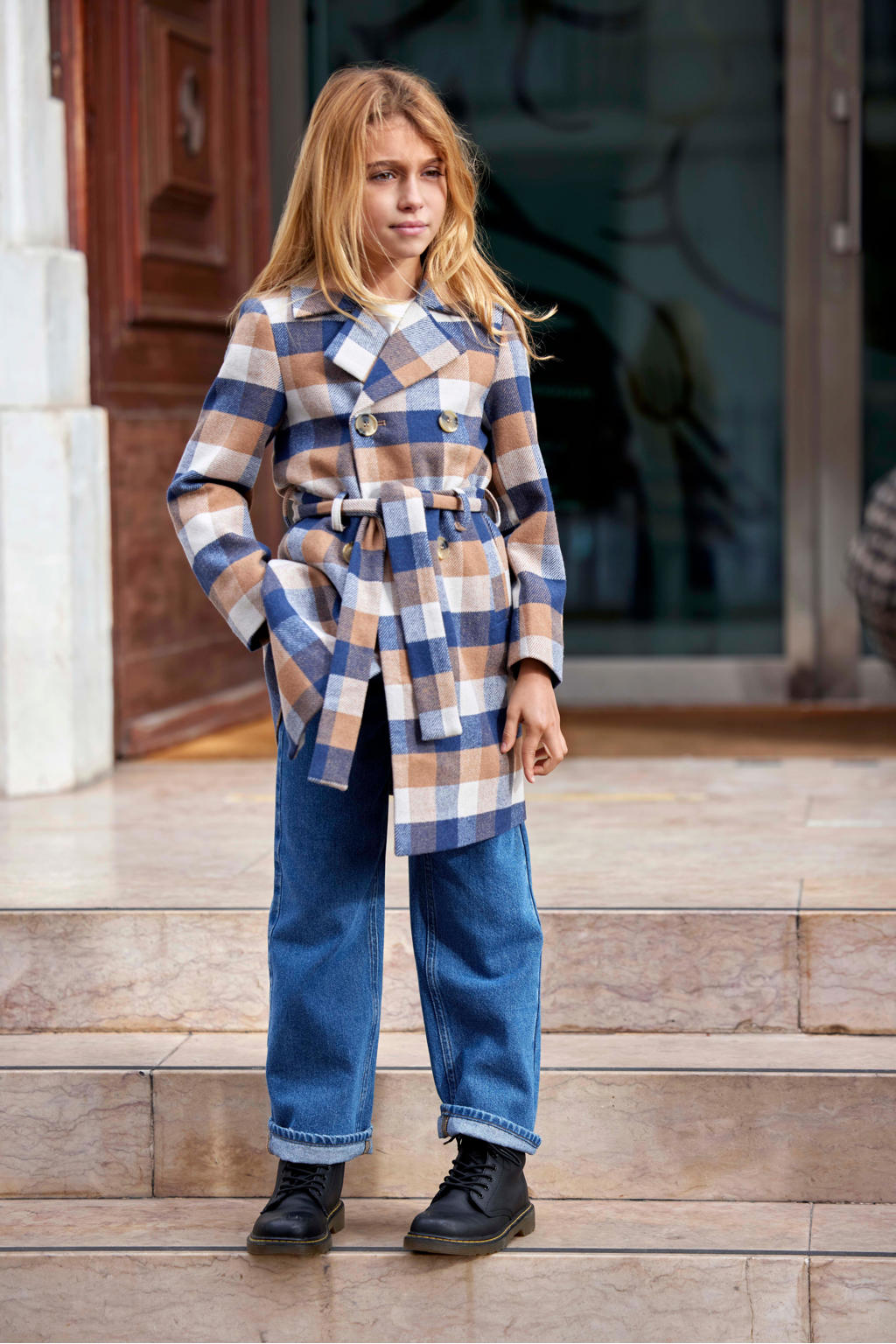 KIDS ONLY GIRL geruite winterjas KOGNOELLE donkerblauw/ecru/bruin | wehkamp