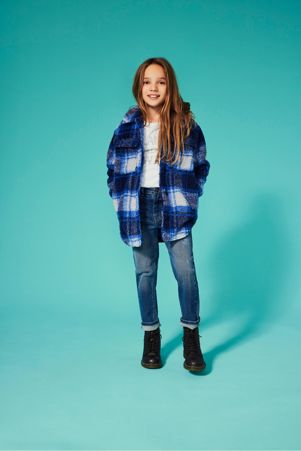 KIDS ONLY GIRL geruite teddy shacket tussenjas KOGCAMILLA blauw/zwart ...