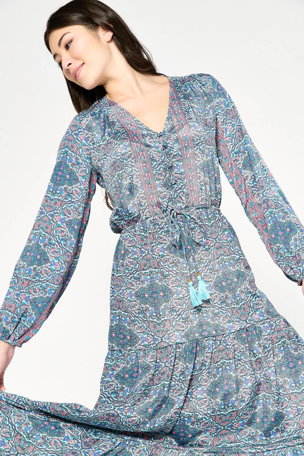 LOLALIZA maxi jurk met all over print en plooien blauw/roze/wit | wehkamp