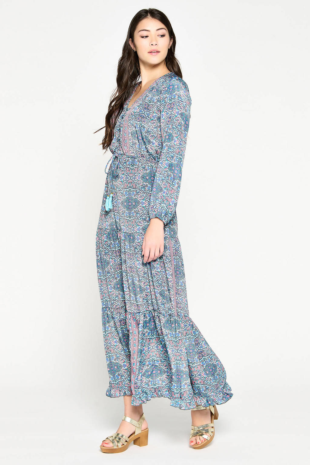 LOLALIZA maxi jurk met all over print en plooien blauw/roze/wit | wehkamp