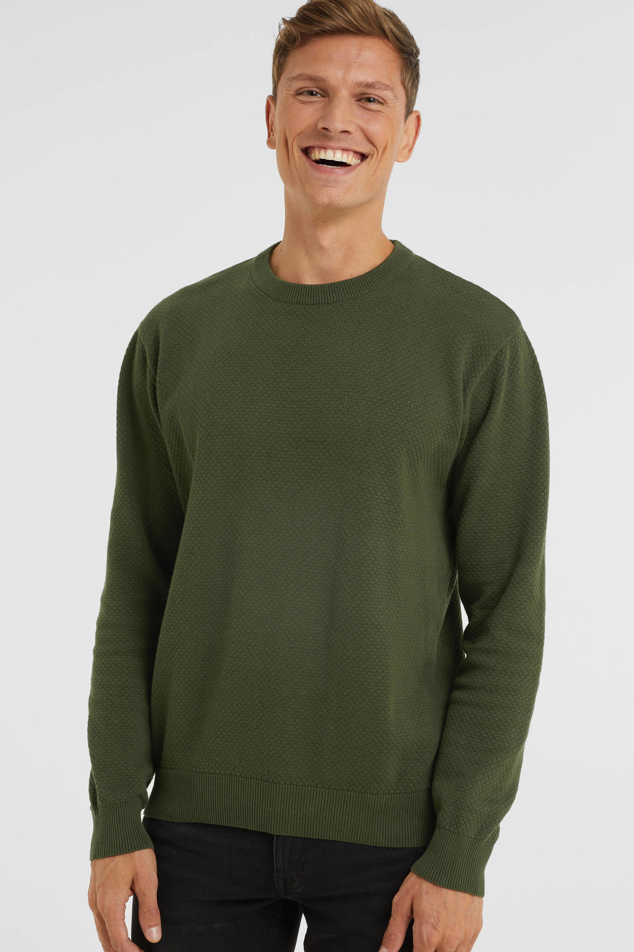 anytime gebreide trui met textuur khaki | wehkamp