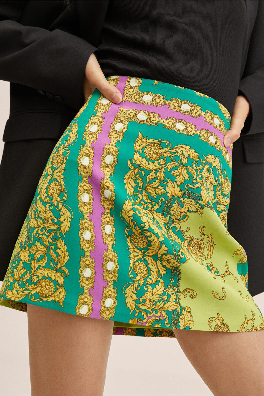 Mango satijnen rok met all over print groen/goud/paars | wehkamp