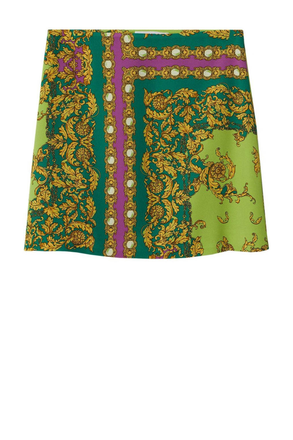 Mango satijnen rok met all over print groen/goud/paars | wehkamp