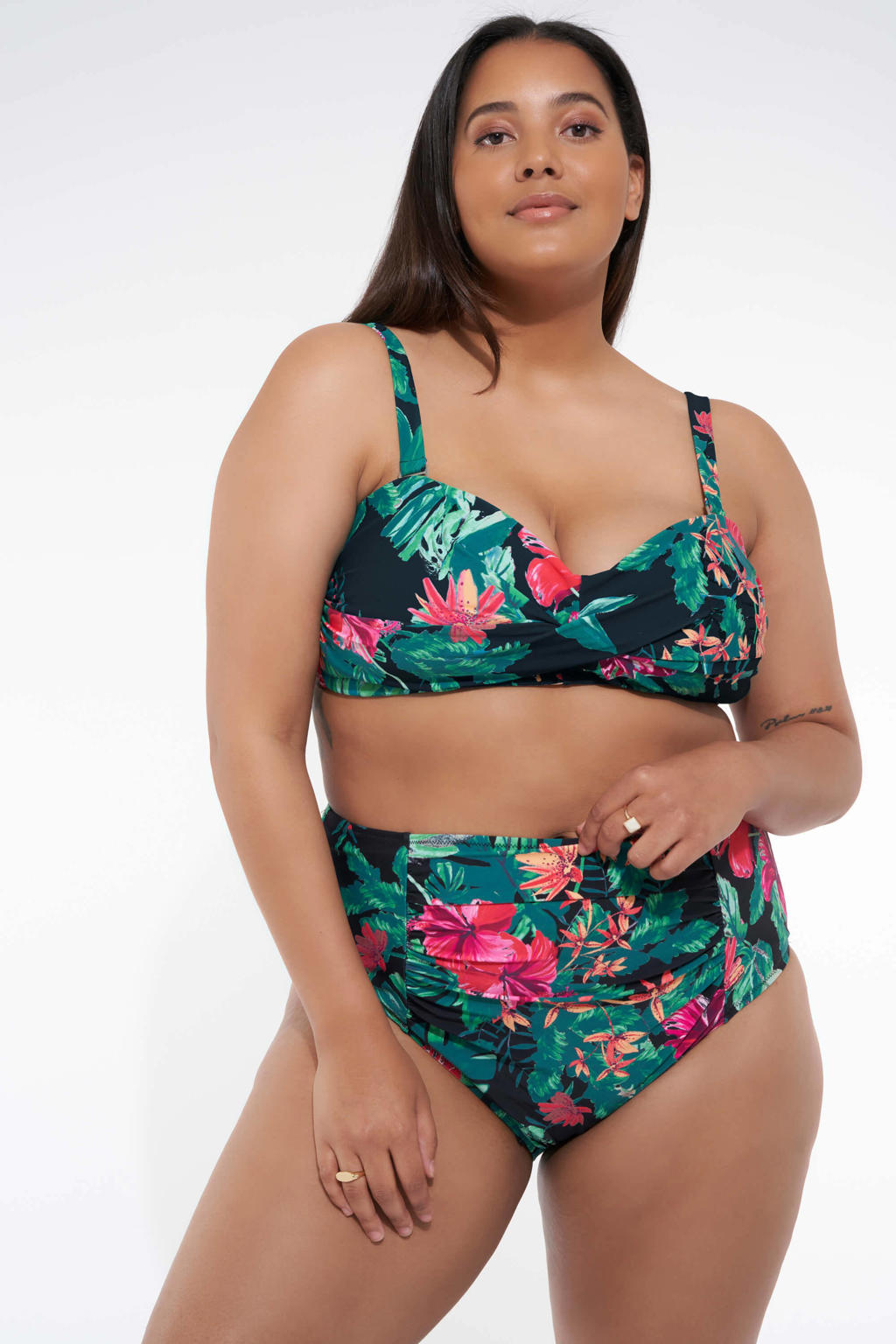 Ms Mode Voorgevormde Gebloemde Strapless Bandeau Bikinitop Zwartroze