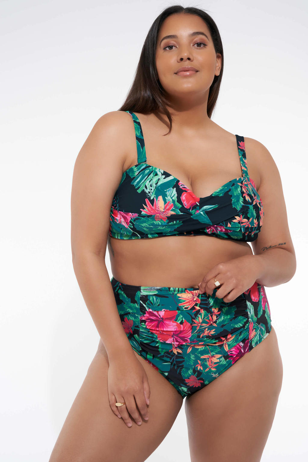 Ms Mode Voorgevormde Gebloemde Strapless Bandeau Bikinitop Zwartroze