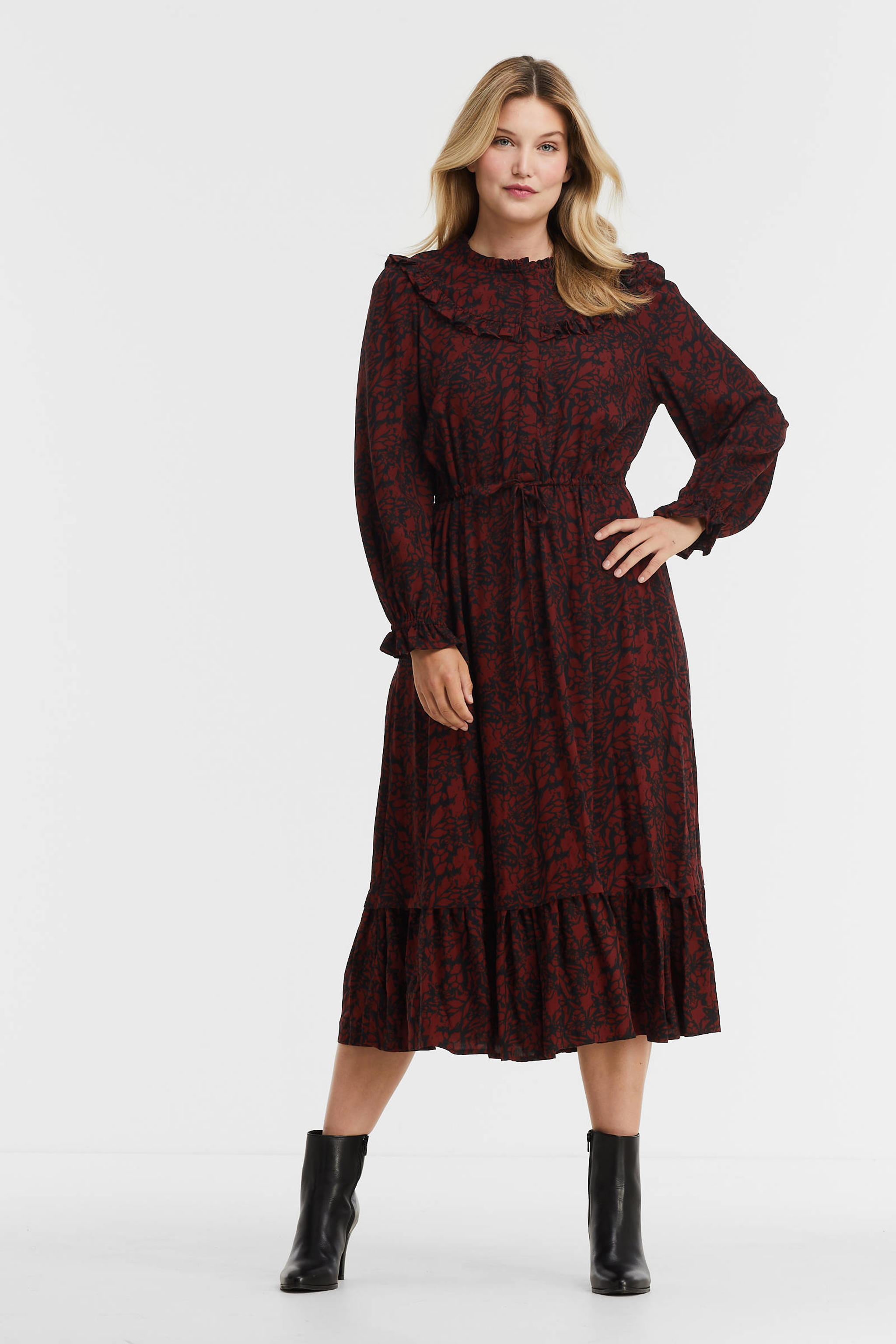 Miljuschka by Wehkamp maxi jurk met herfst print donkerrood/zwart | wehkamp