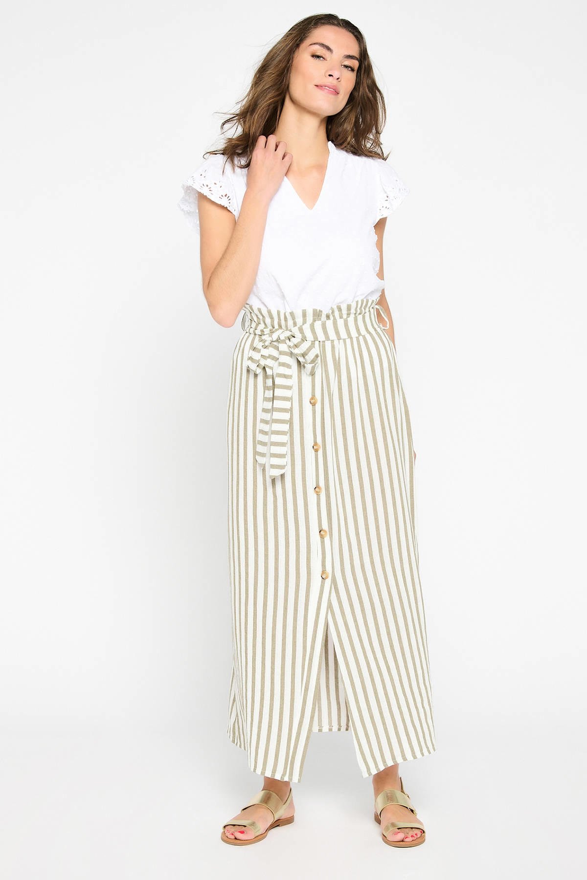 LOLALIZA gestreepte maxi rok kaki/wit | wehkamp