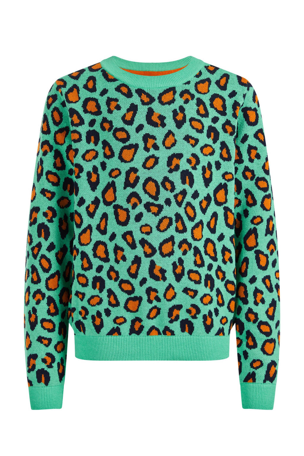 WE Fashion fijngebreide trui met panterprint groen/roze | wehkamp
