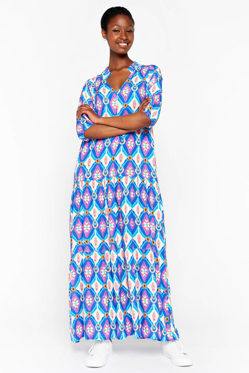 LOLALIZA maxi jurk met grafische print en plooien blauw/roze/wit | wehkamp