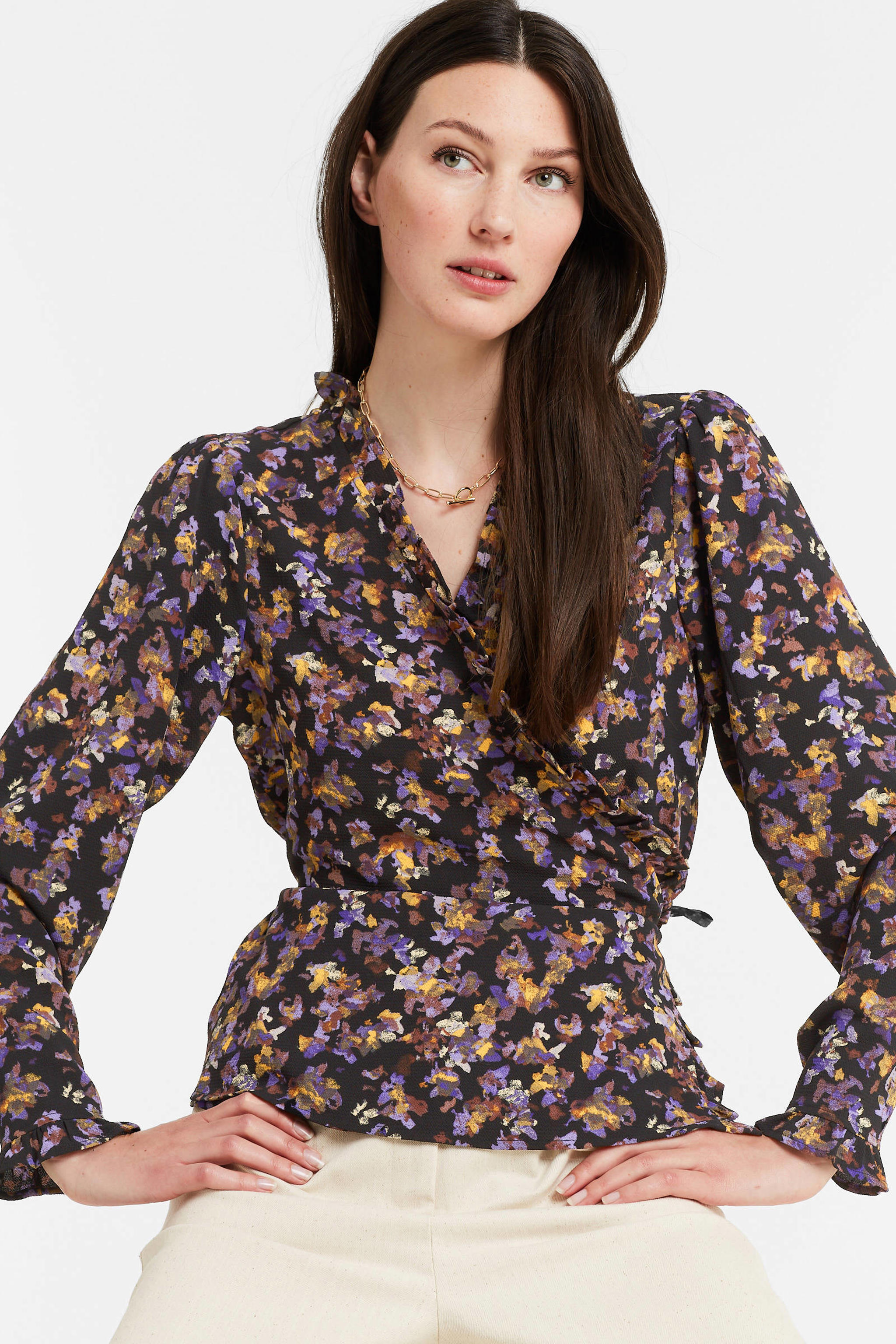 JDY overslag top JDYSOFIA met all over print en ruches zwart/paars/oranje | wehkamp