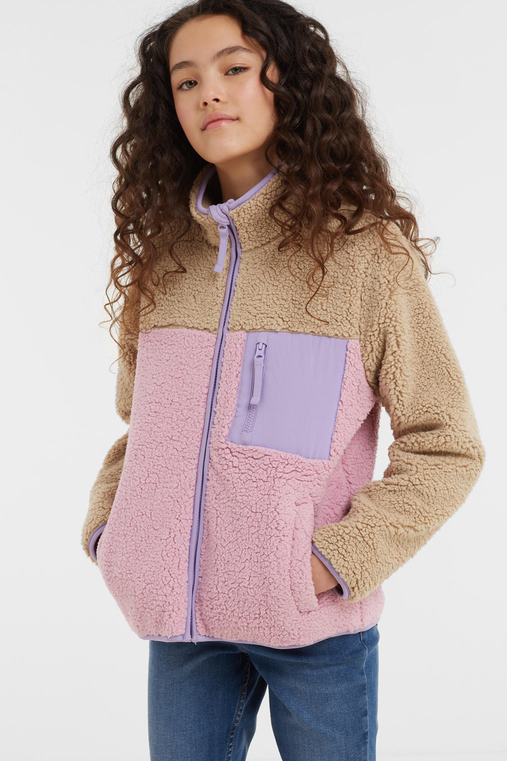 anytime teddy fleece vest roze/lichtbruin | wehkamp