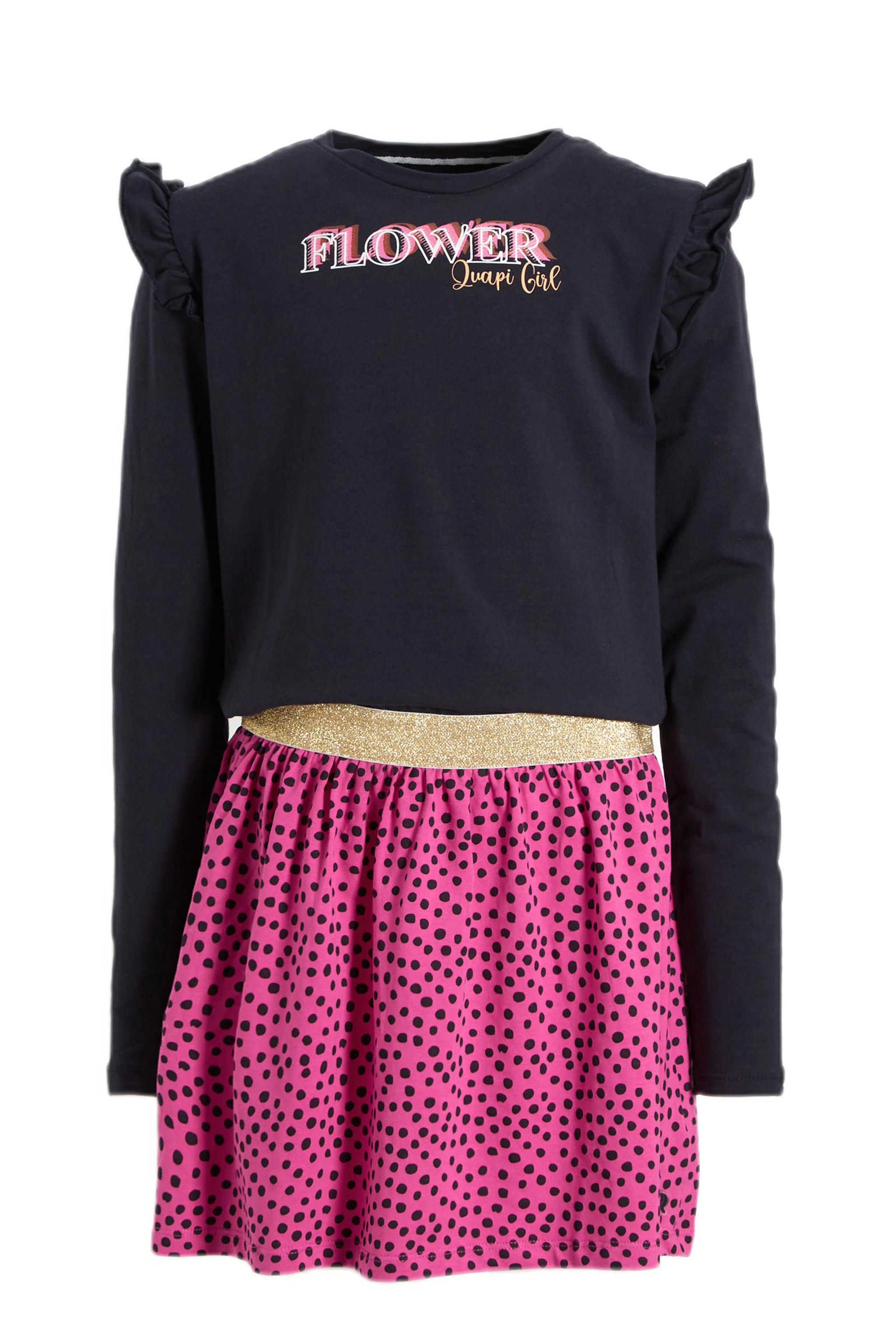 Quapi Girls jurk Willeke met ruches donkerblauw/fuchsia | wehkamp
