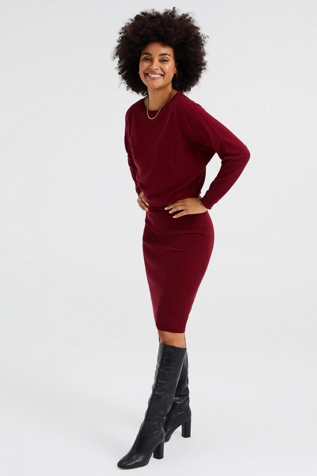 WE Fashion fijngebreide jurk donkerrood | wehkamp