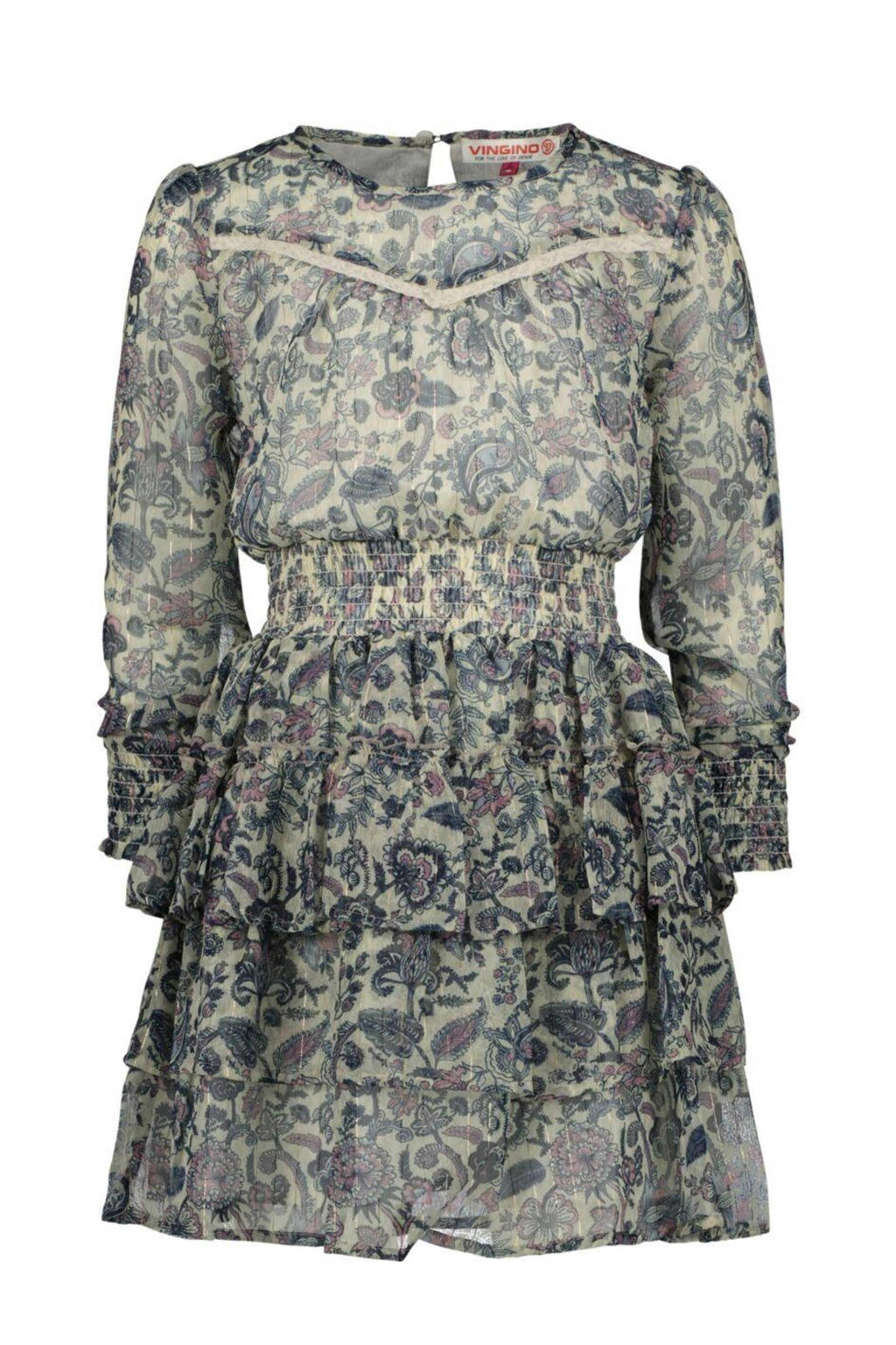 Vingino jurk met all over print en ruches zand/blauw | wehkamp