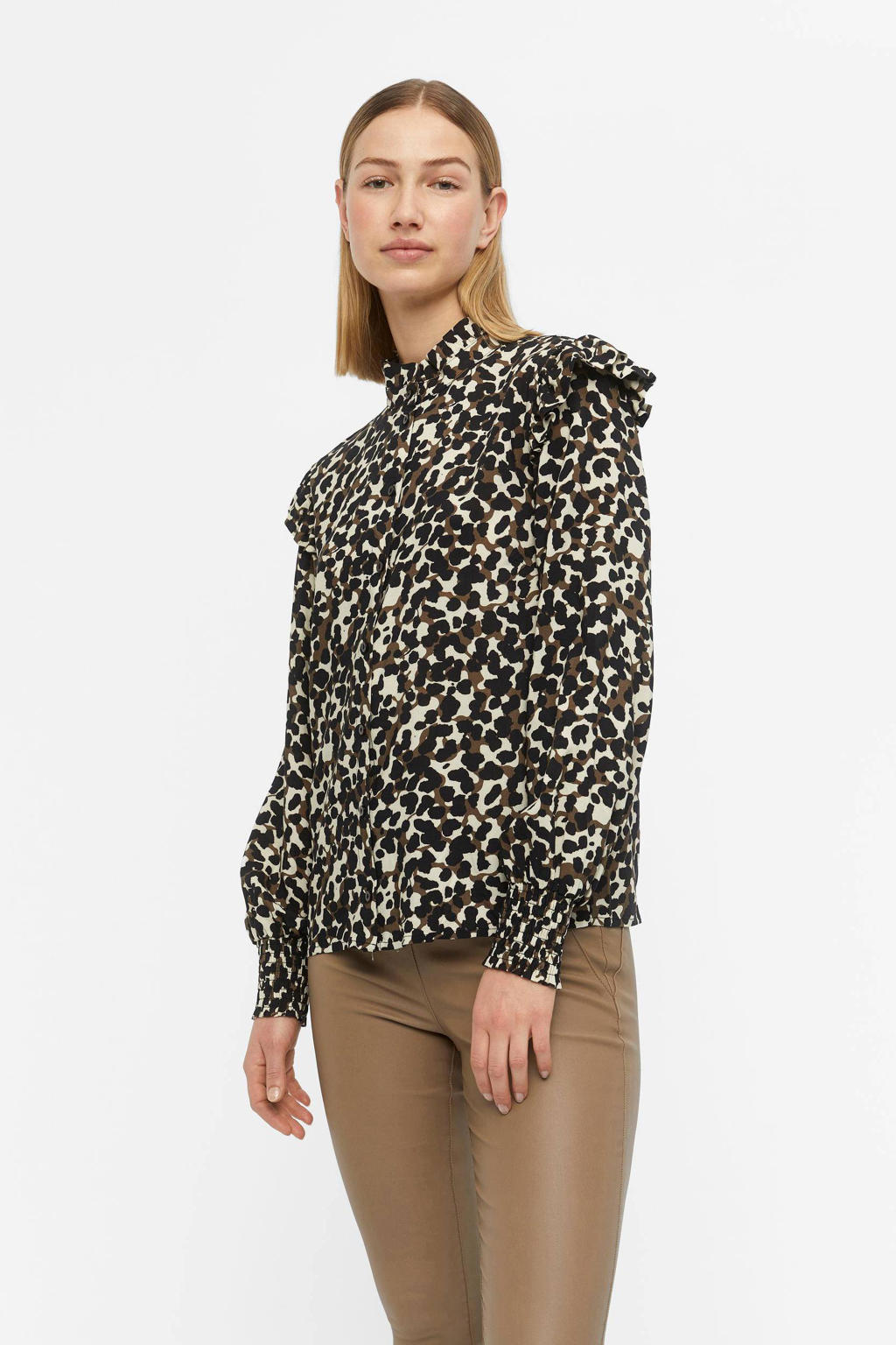 OBJECT blouse OBJCAMALA met all over print en ruches bruin/beige | wehkamp