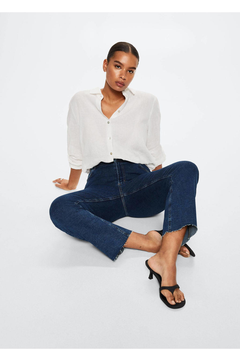 Mango cropped high waist bootcut jeans dark denim | wehkamp