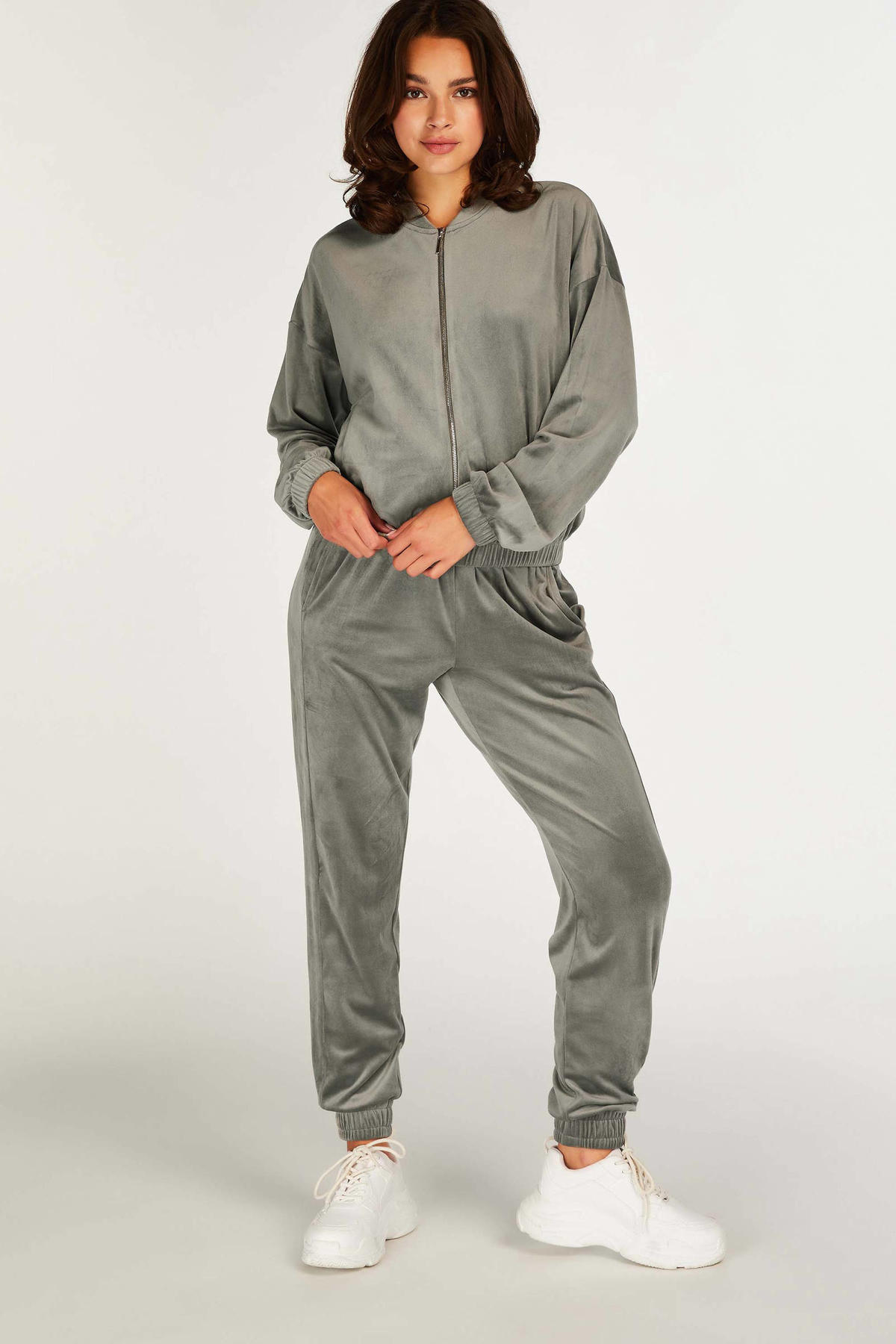 Hunkemöller velours loungebroek grijsgroen | wehkamp