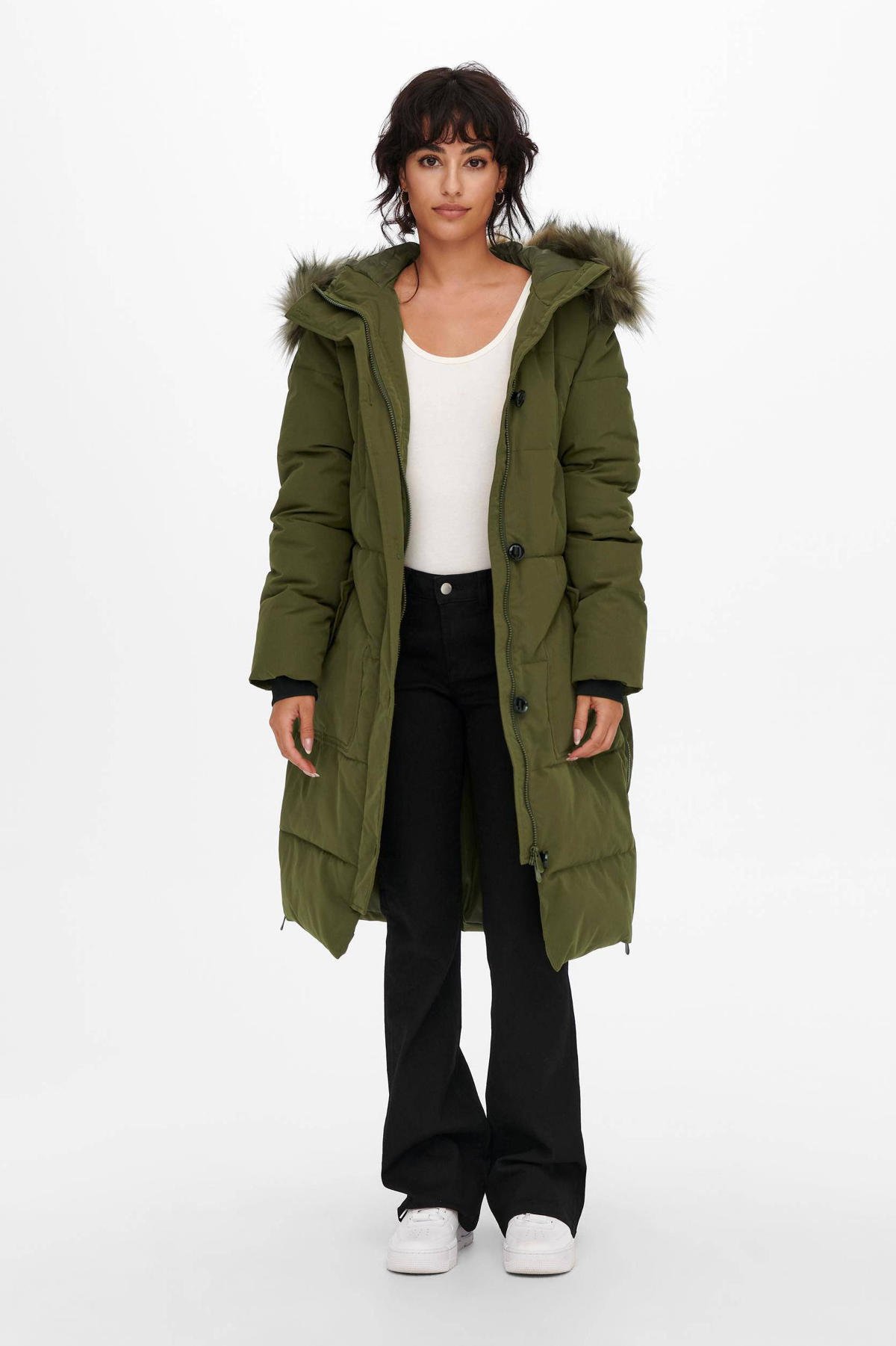 JDY gewatteerde jas JDYLOOK donkergroen | wehkamp