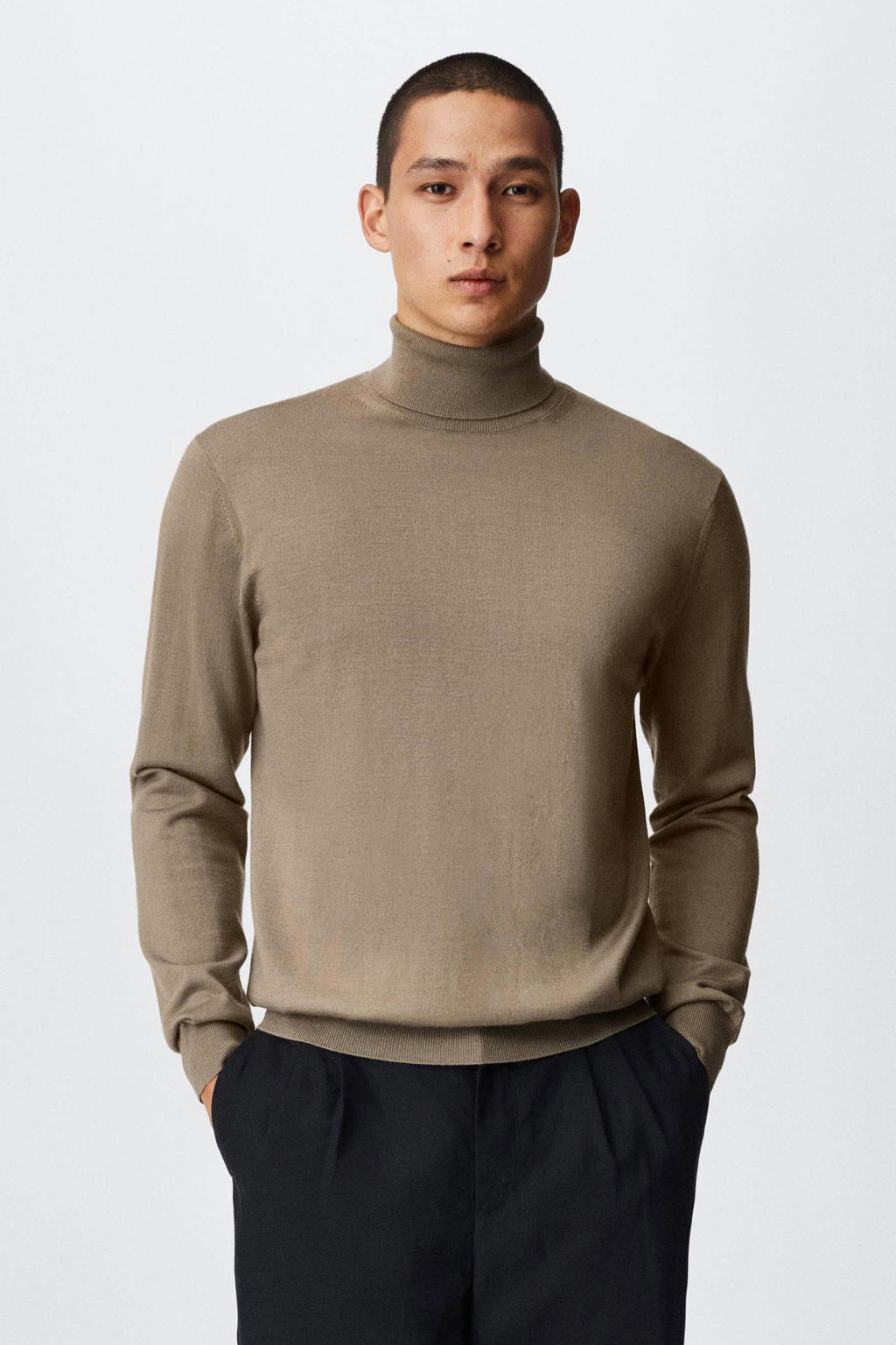 Mango Man fijngebreide wollen coltrui lichtbruin | wehkamp