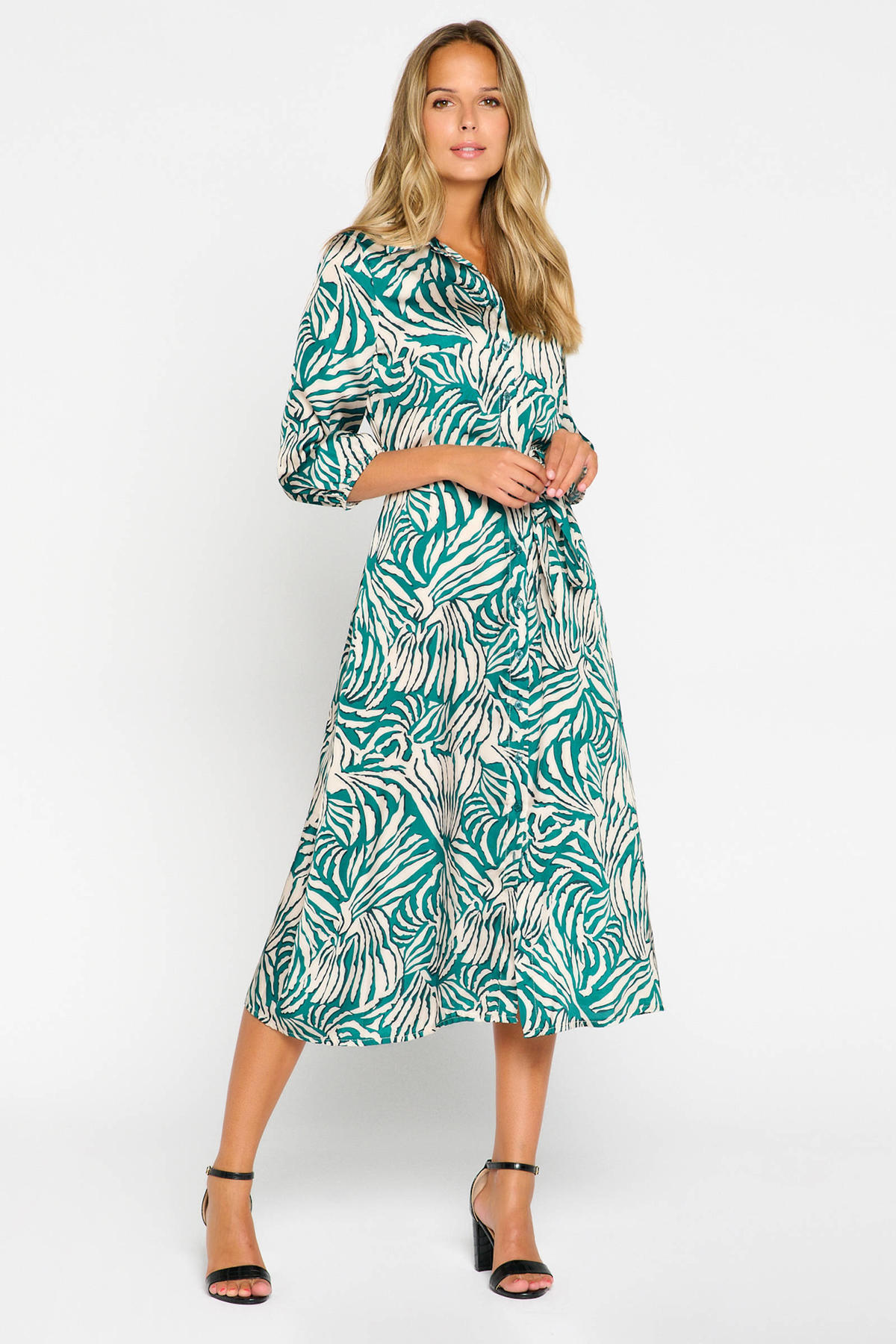 LOLALIZA jurk met all over print en ceintuur groen/ecru | wehkamp