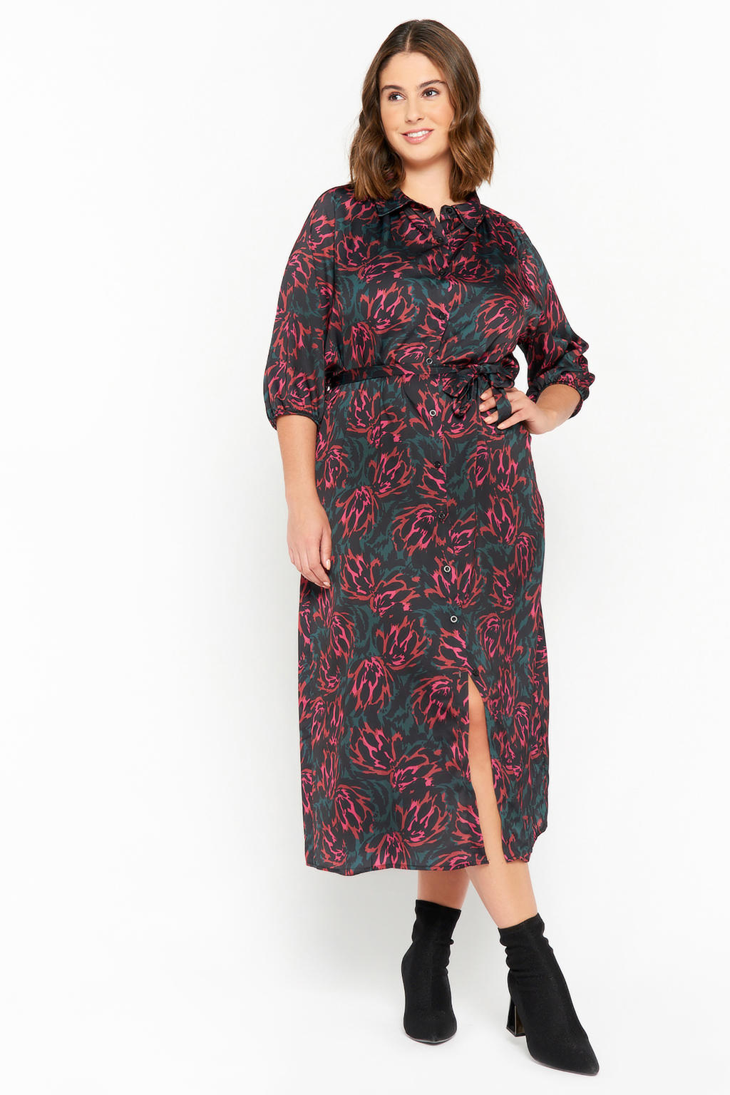 LOLALIZA blousejurk met all over print en ceintuur groen/rood/zwart | wehkamp