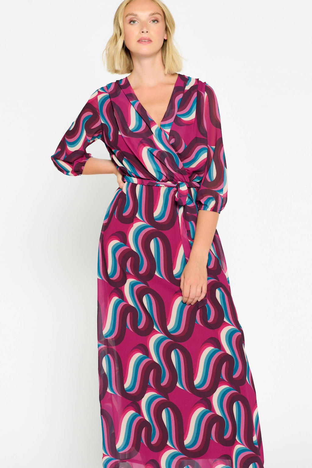 LOLALIZA maxi jurk met grafische print en ceintuur paars | wehkamp