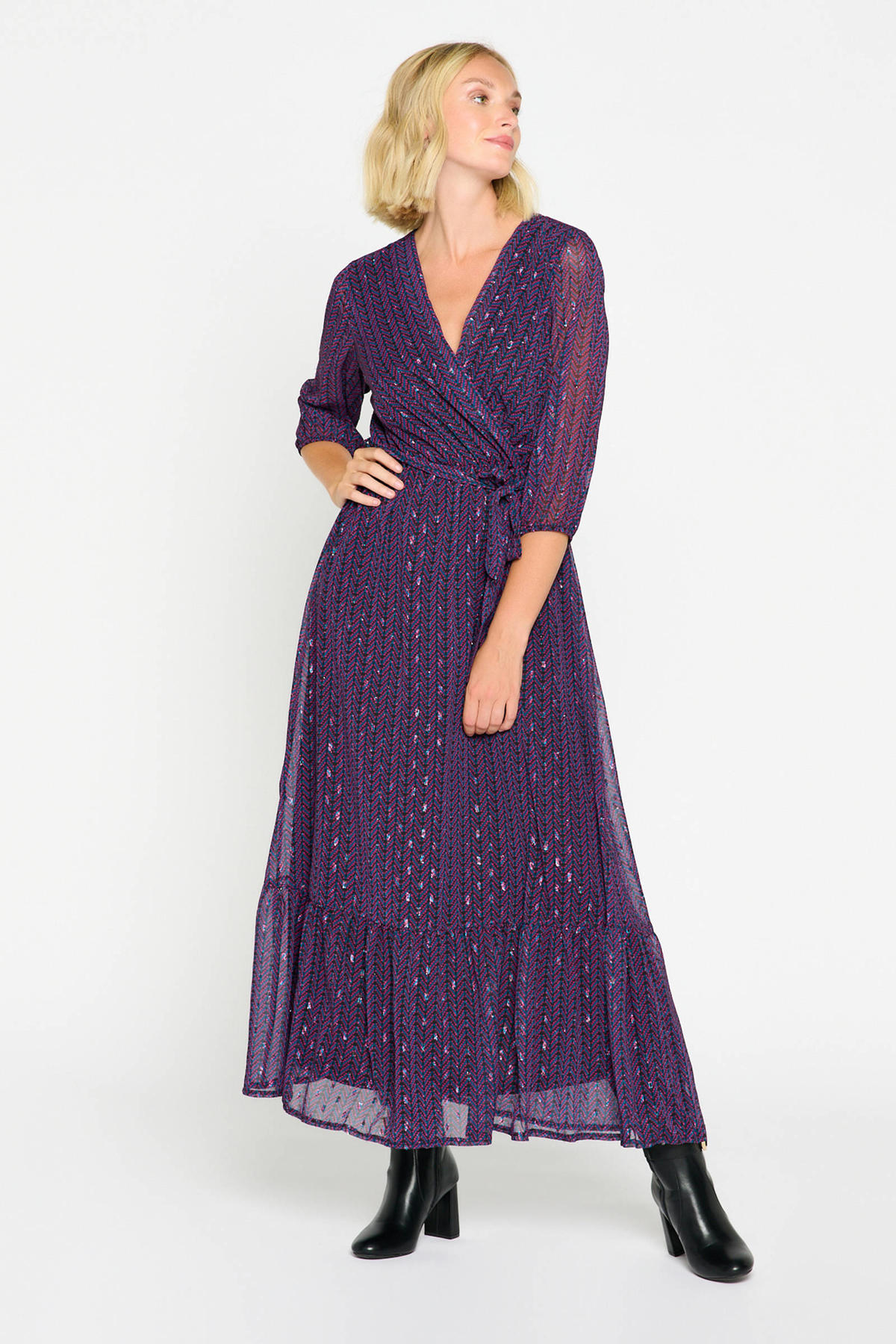 LOLALIZA maxi jurk met grafische print en ceintuur blauw | wehkamp