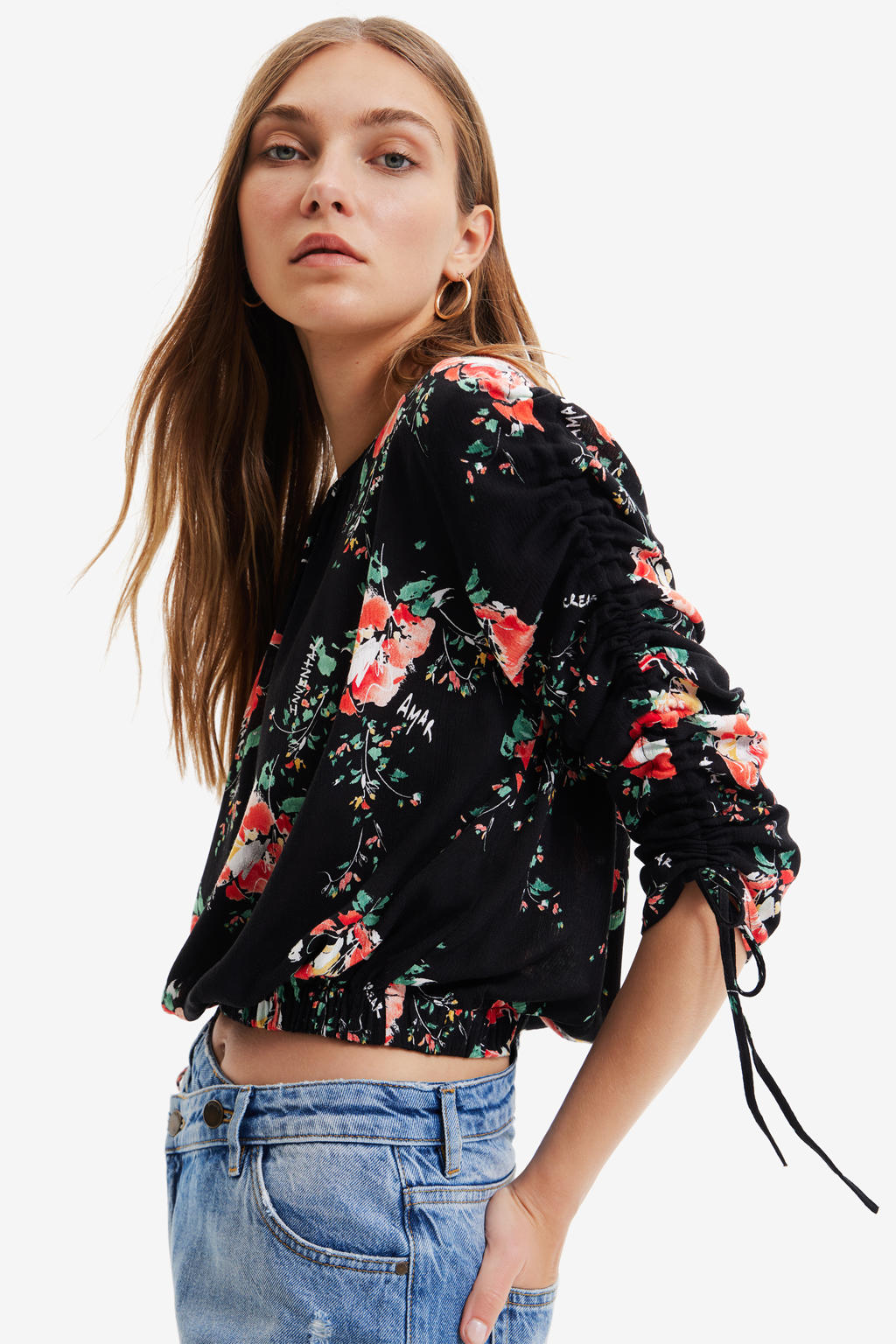 Desigual gebloemde blouse zwart/rood/groen | wehkamp